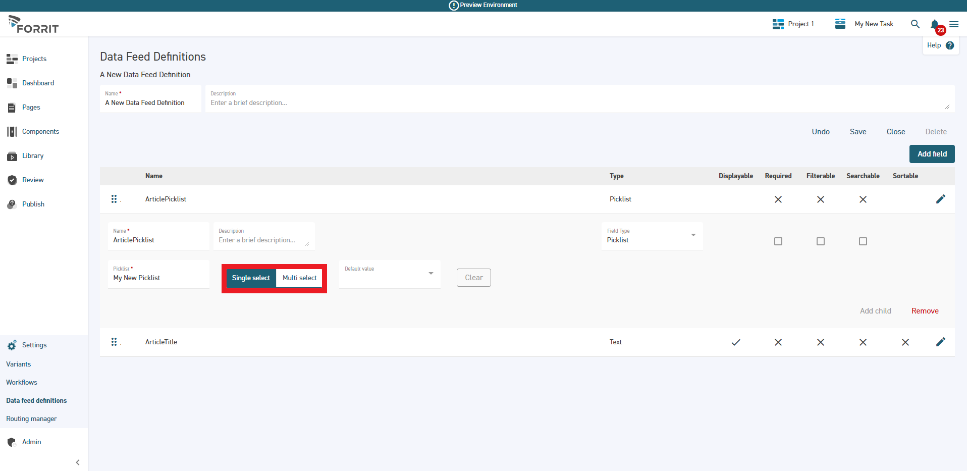 Setting up a picklist in Data Feed Definitions v3.1