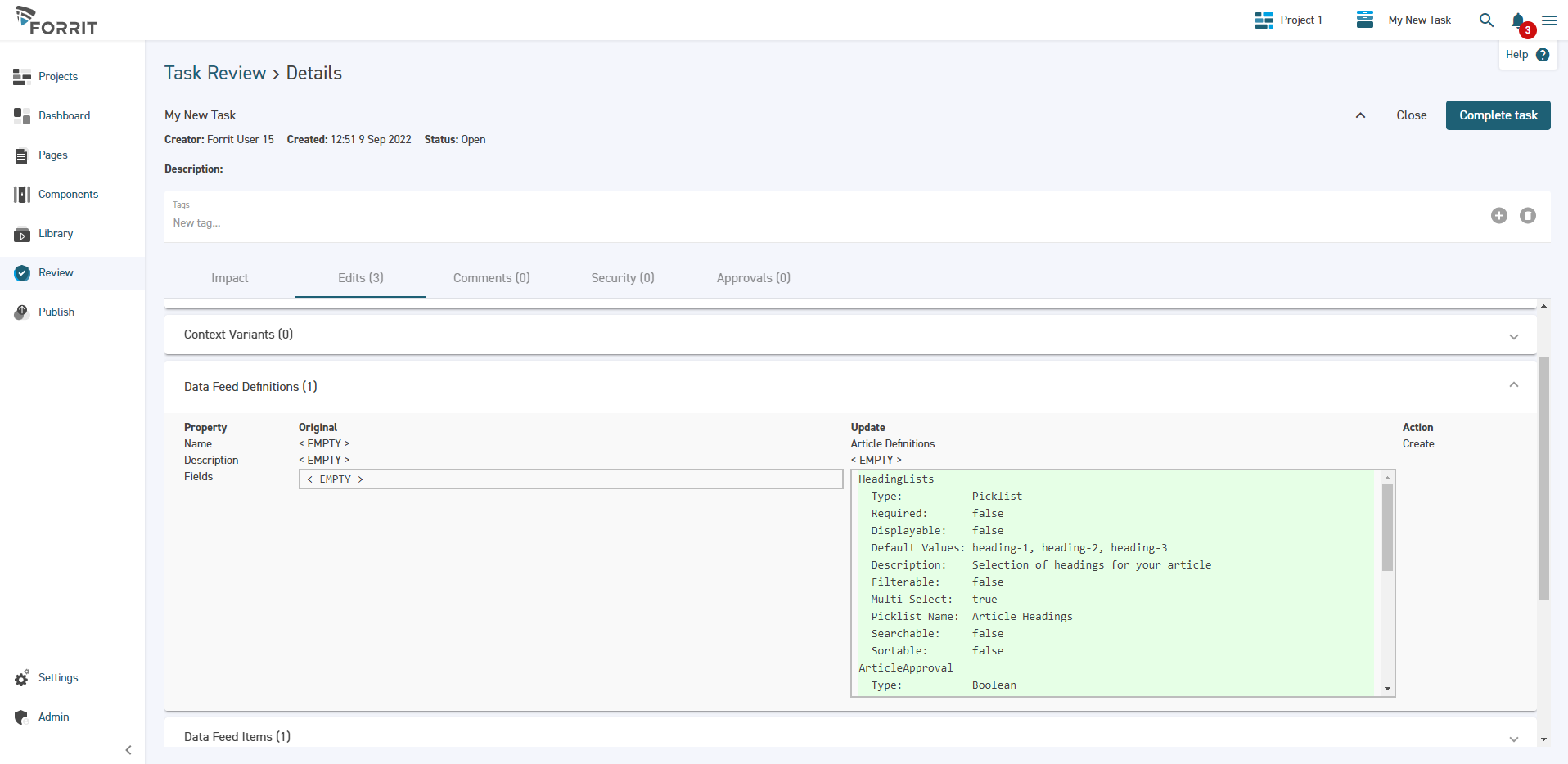 Reviewing changes to Data Feed Definitions & Data Feed Items in Task ...
