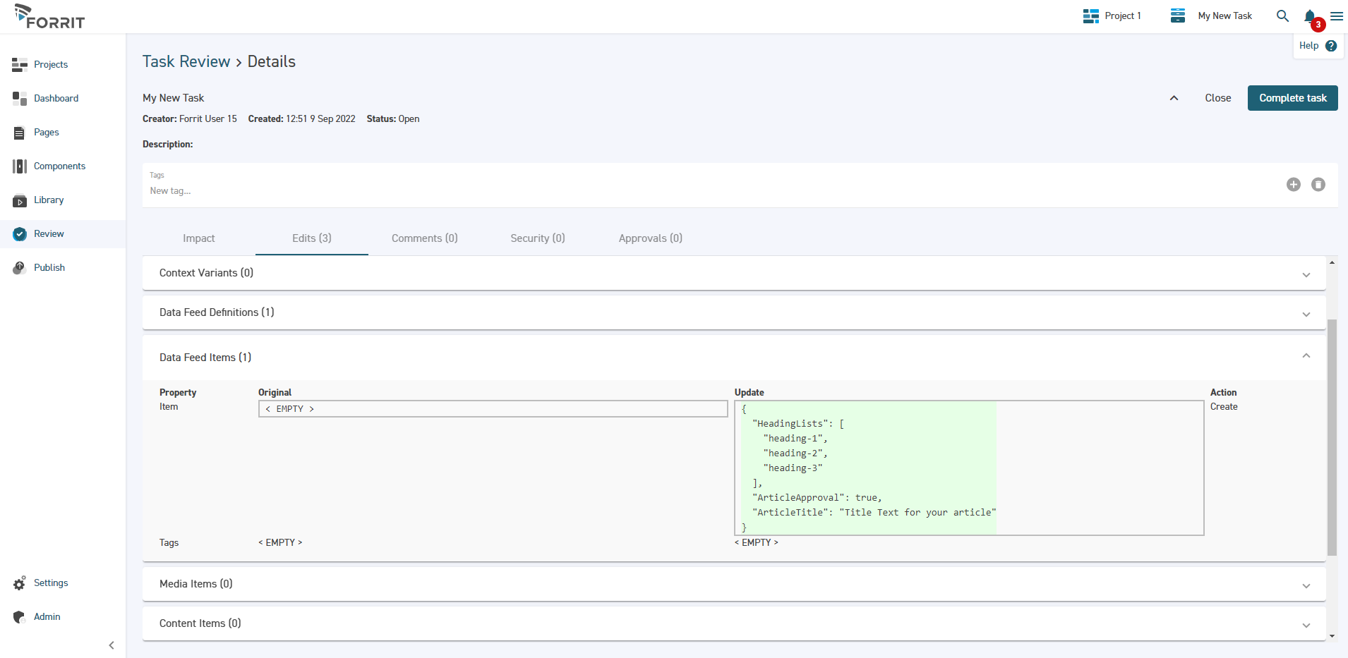 Reviewing changes to Data Feed Definitions & Data Feed Items in Task ...