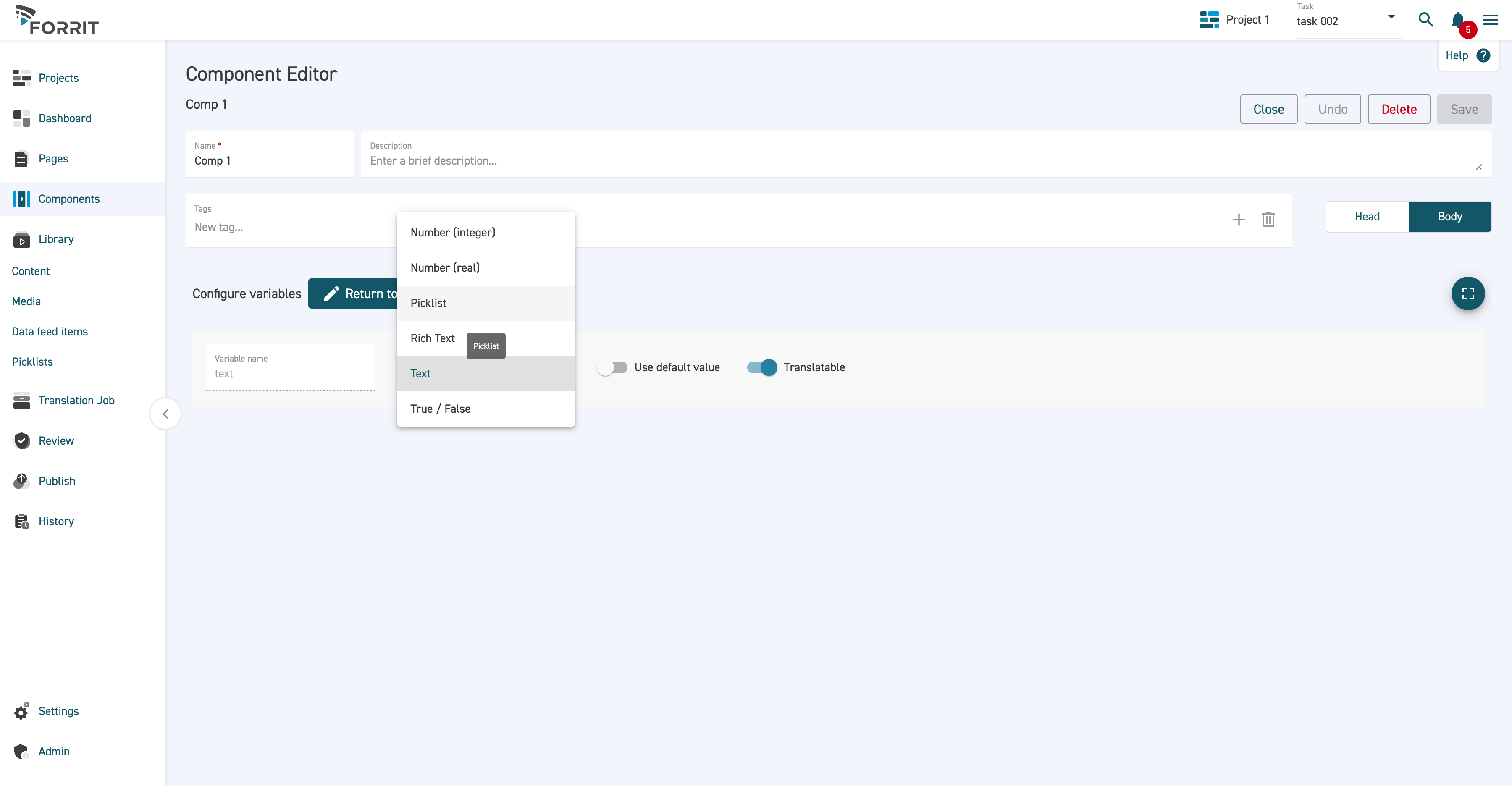 Setting up a picklist within a component.