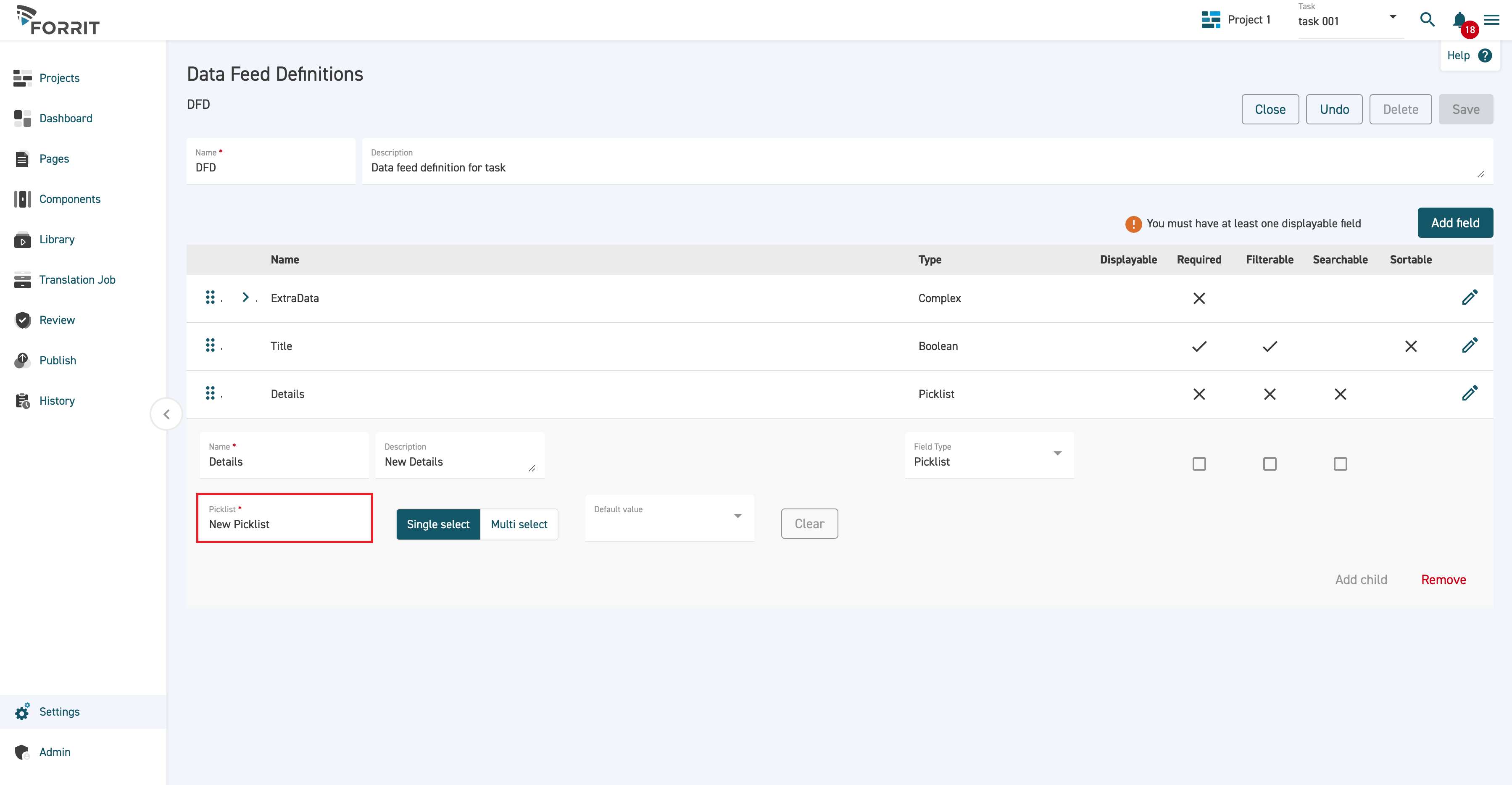 Setting up a picklist in Data Feed Definitions